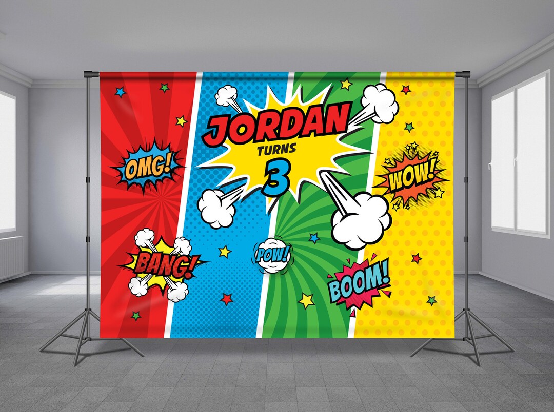 Colorful Superhero Birthday Backdrop, Skyline, Comic Bubbles, Red Blue ...