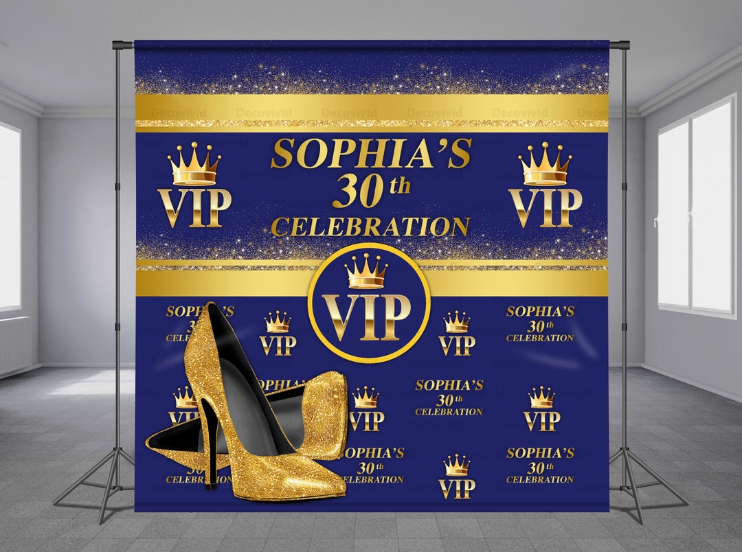 VIP Step and Repeat Birthday Backdrop, Royal Blue Background, VIP Logo ...