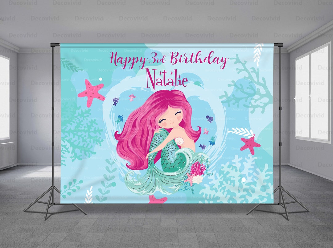 Cute Little Mermaid Birthday Backdrop, Personalized Banner, Mermaid ...