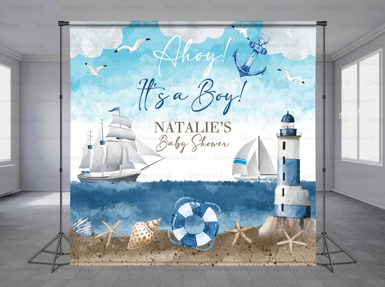 Nautical Birthday Backdrop, Lighthouse, Navy Baby Shower, Marine Theme ...