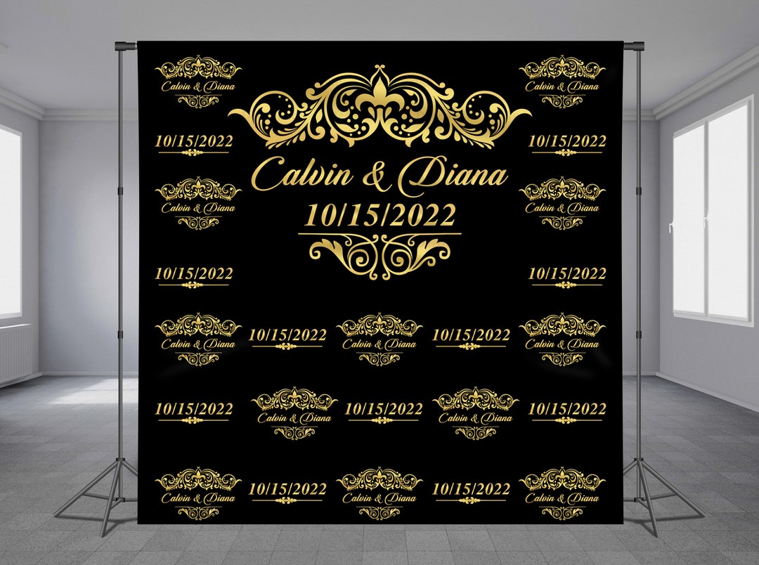 Wedding Step and Repeat, Backdrop, Black Background, Gold Decorative ...
