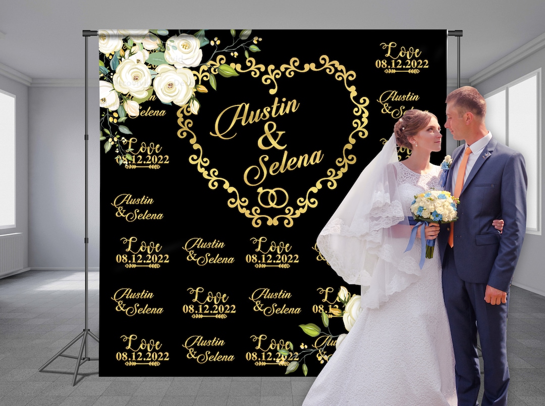 Wedding Step and Repeat, Backdrop, Black Background, Golden Big Heart ...