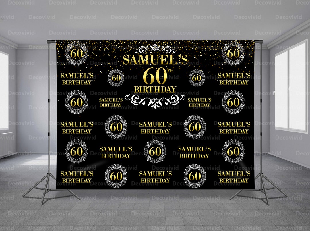 Golden 60th Birthday Step and Repeat, Backdrop Banner, Black Background ...