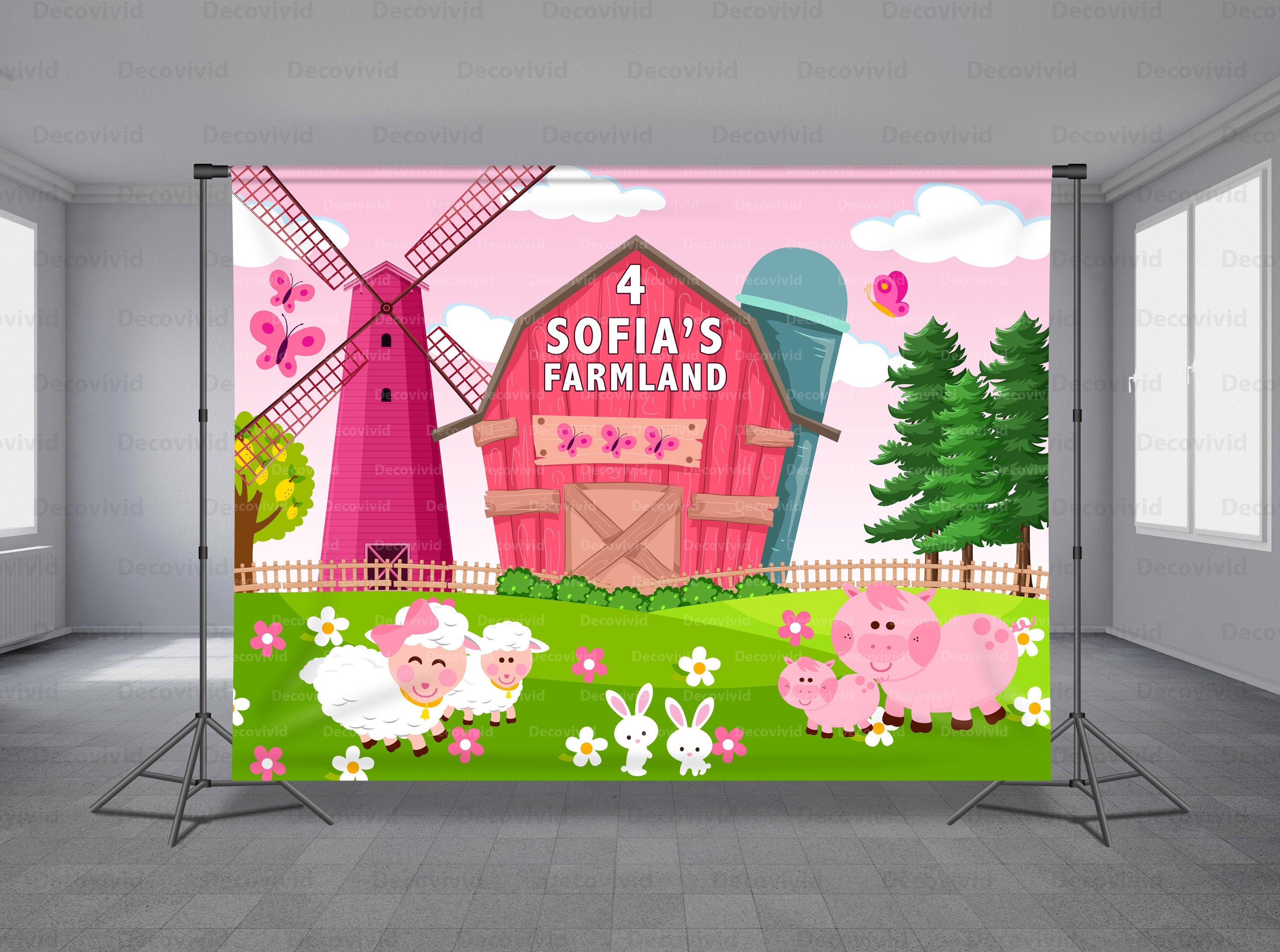 Cute Pink Barn Custom Birthday Backdrop, Windmill, Barnyard, Farm ...