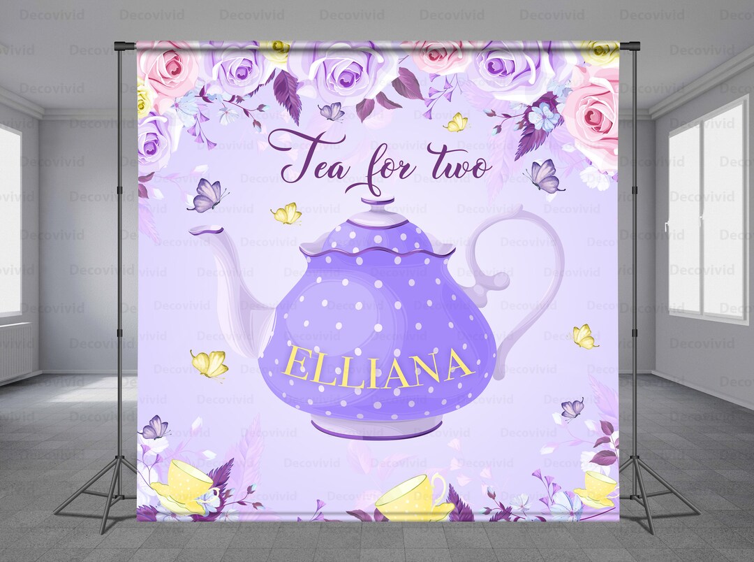 Tea Party Birthday Backdrop, Purple Lavender, Tea for Two, Flowers ...