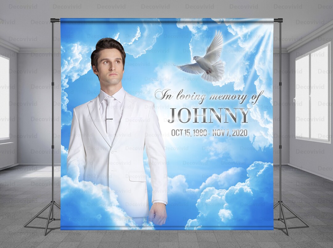 Clouds Funeral Backdrop Banner, in Loving Memory Of, Sun Rays, Black ...