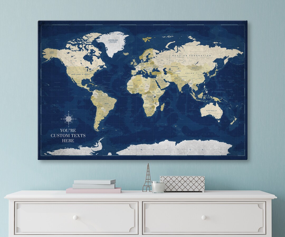 Navy Blue, Worlds Map Canvas Print, Push Pin, Vintage Travel Map ...