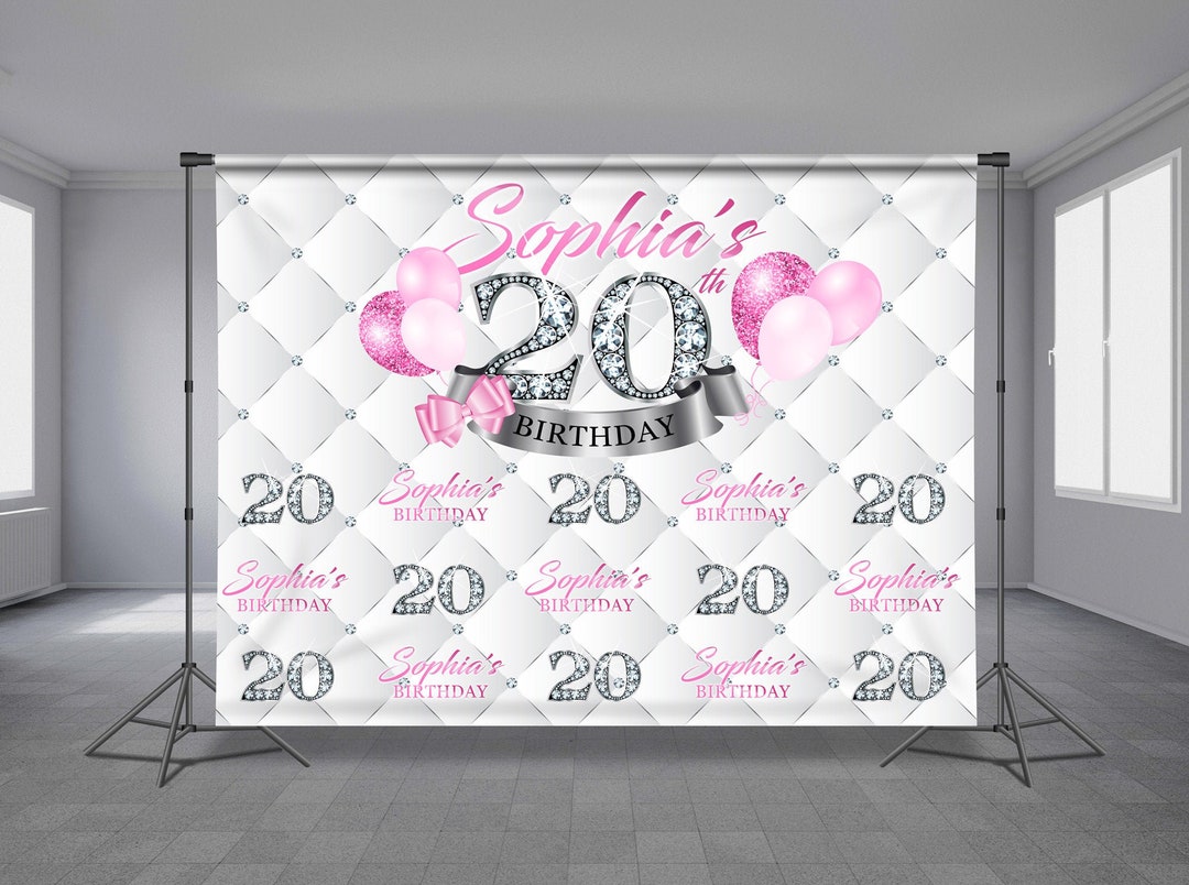 20th Birthday Silver Step and Repeat, Backdrop, Bling Diamond, Editable ...