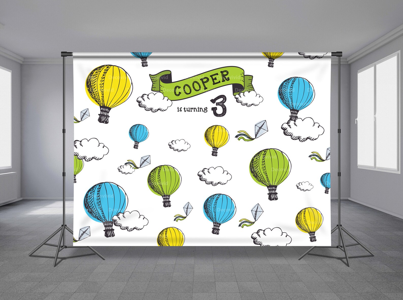 Air Balloons Birthday Backdrop, Blue Yellow Green, Personalized ...