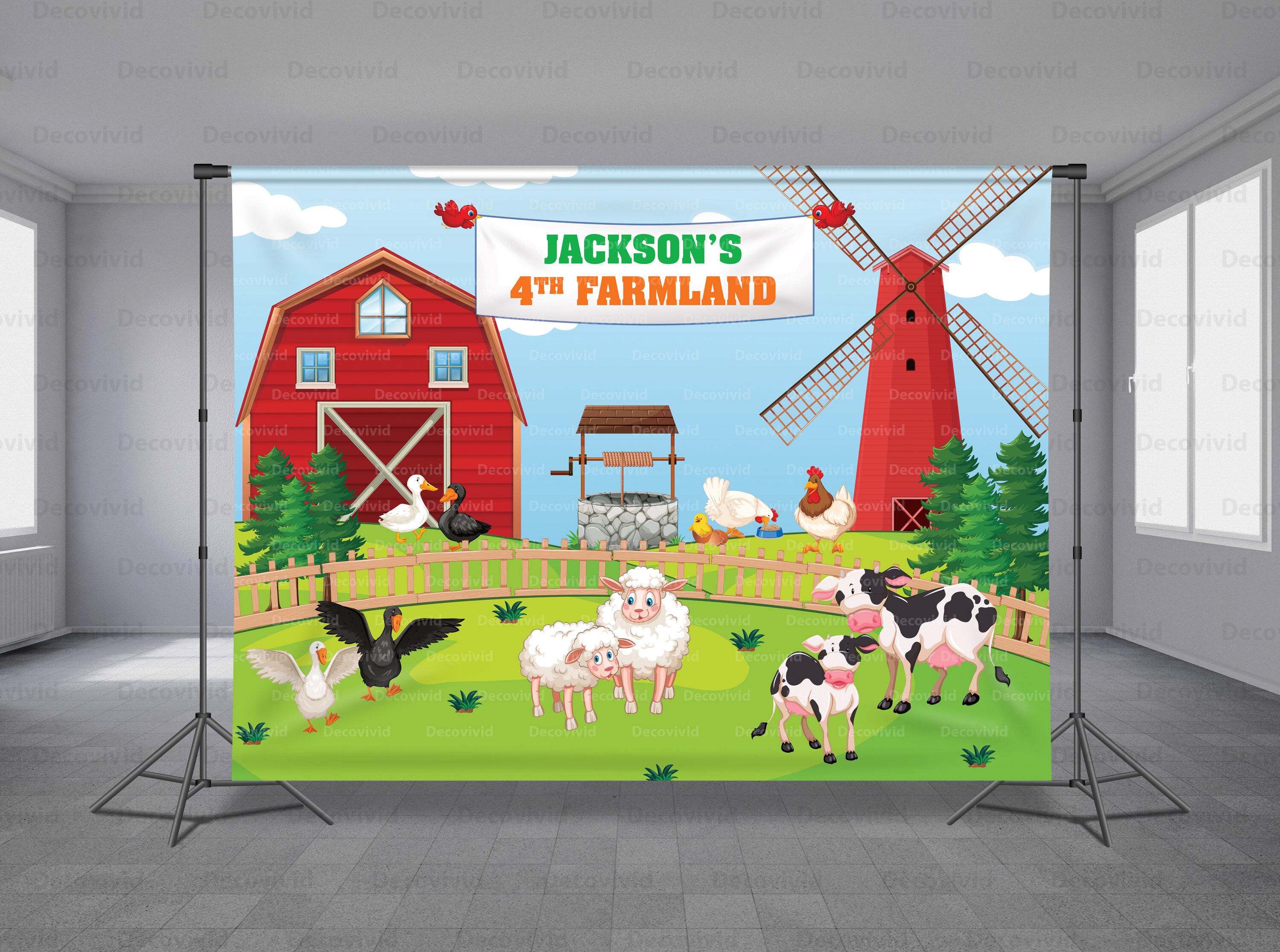 Barn Custom Birthday Backdrop, Windmill, Barnyard, Farm Animals, Cow ...