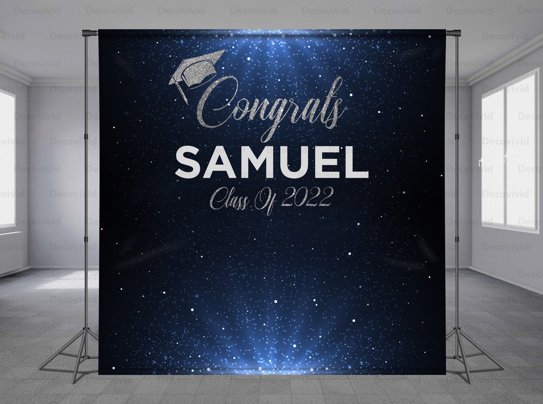 Sparkle Graduation Party Backdrop, Add Your Photo, Graduation Cap, Blue ...