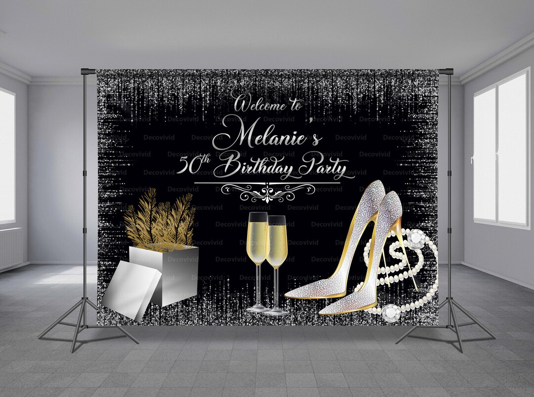 Silver High Heel Shoes, Champagne Glass, Glitter Backdrop, 50th ...