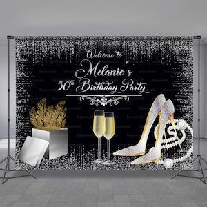 Silver High Heel Shoes, Champagne Glass, Glitter Backdrop, 50th ...