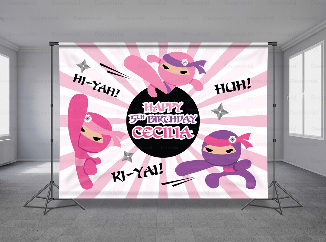 Japanese Ninja Birthday Backdrop, Pink and Purple, Lets Kick up Some ...