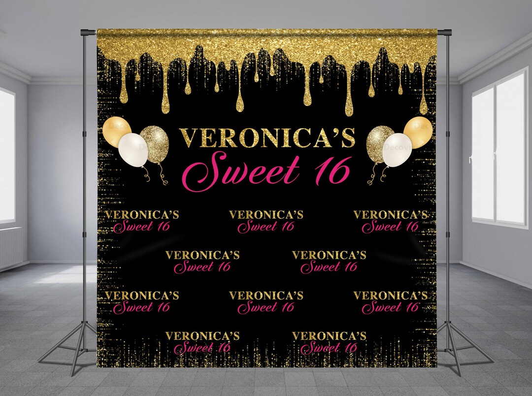 Sweet 16 Step and Repeat Backdrop, Melting Glitter, Gold Dripping ...