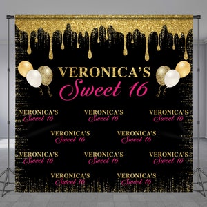 Sweet 16 Step and Repeat Backdrop, Melting Glitter, Gold Dripping ...