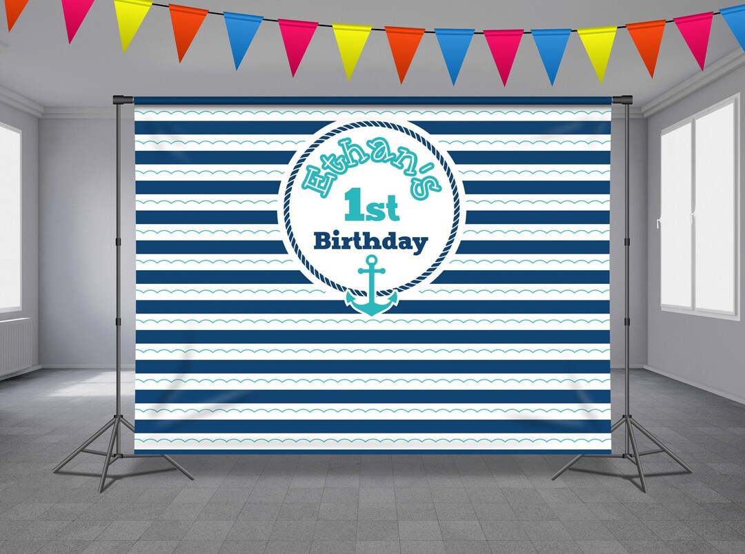 Nautical Birthday Backdrop, Navy Blue Stripe Theme, Baby Shower ...