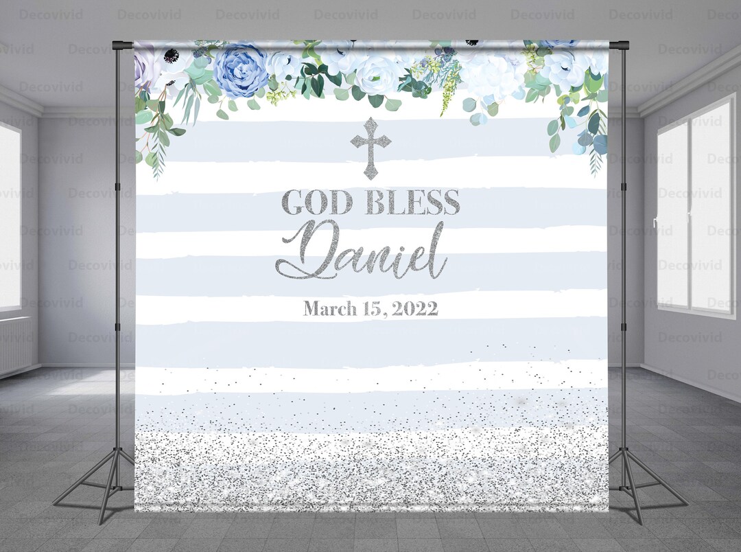 Baptism Backdrop, Christening Backdrop, Holy Baby Boy Theme, Blue ...