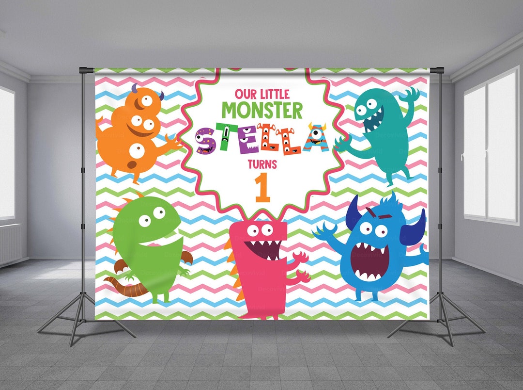 Cute Little Monster Birthday Backdrop, Colorful Party Decoration, Baby ...