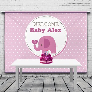 Welcome Baby Girl Backdrop, Elephants, Personalized Banner, Pink Polka ...
