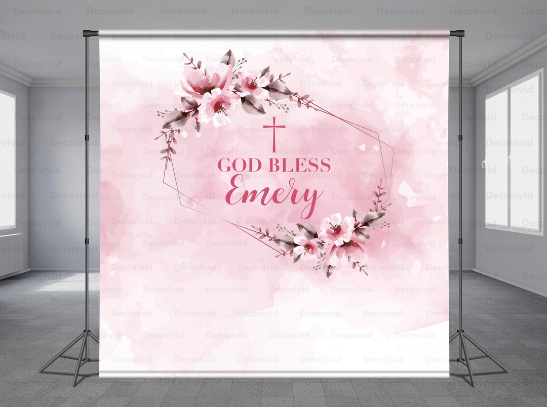 Baptism Christening Backdrop, Holy Baby Girl Theme, Blue Floral Frame ...