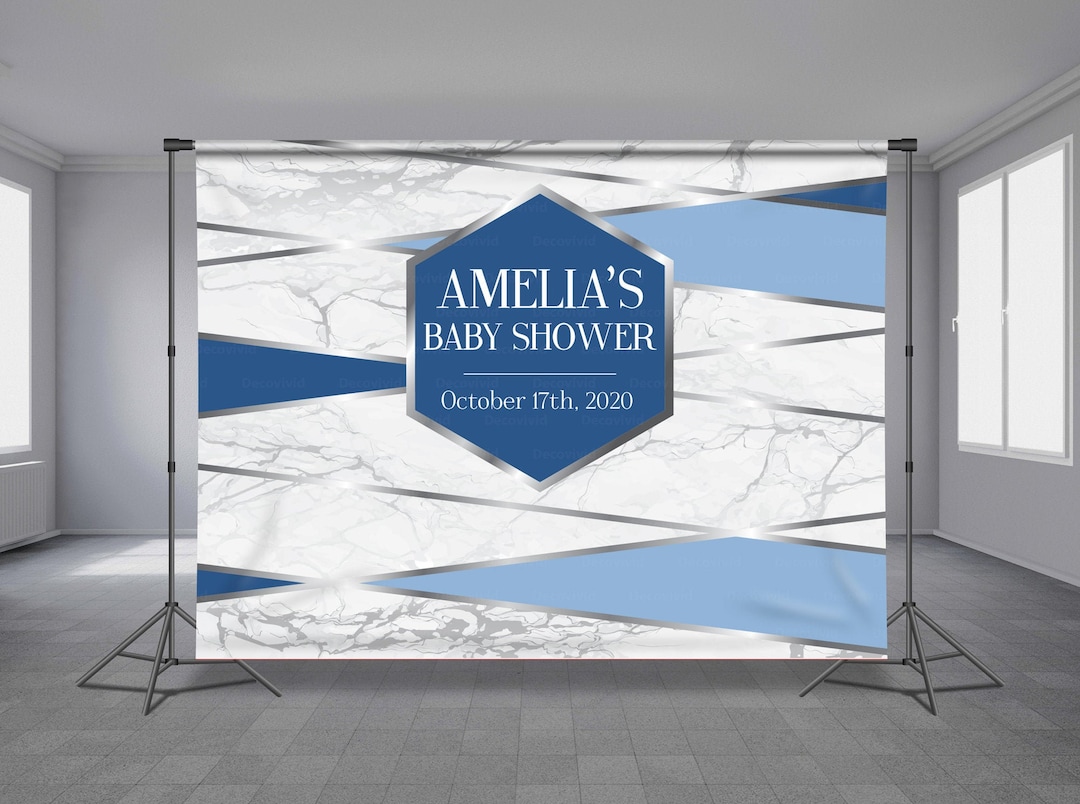 Luxury Blue Marbel, Backdrop Banner, Silver Frame, Birthday Party, Any ...