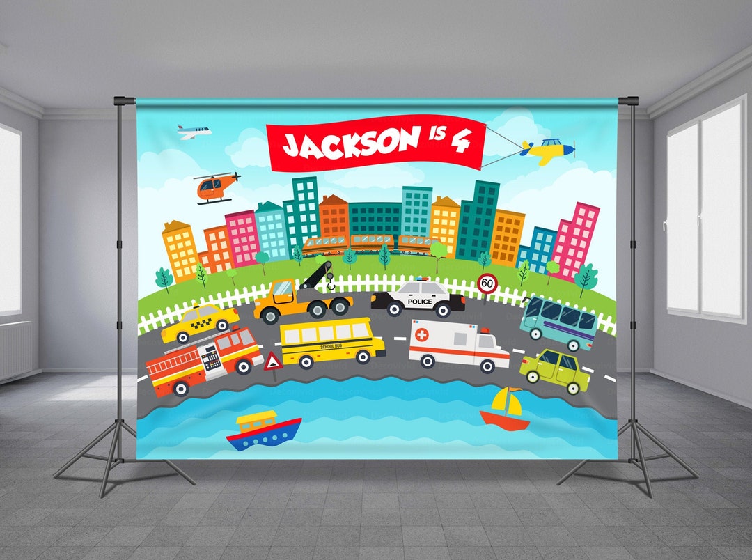 Vehicles Birthday Backdrop, Transportation, Police Car, Ambulance ...