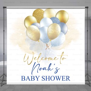 Gold and Blue Balloons Baby Shower Backdrop, Birthday Party, Editable ...