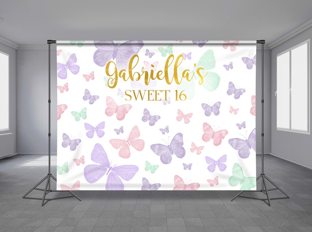 Butterfly Birthday Backdrop, Purple Pink Turquoise Background, Editable ...