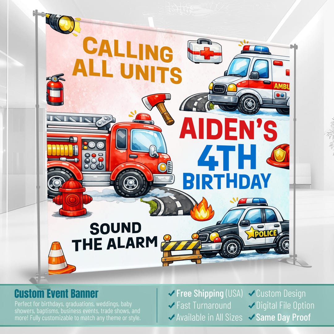 Emergency Vehicles Birthday Backdrop, Editable First Responders Banner ...
