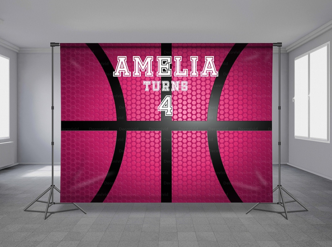 Girl Basketball Birthday Backdrop, Editable Background, Pink Ball ...