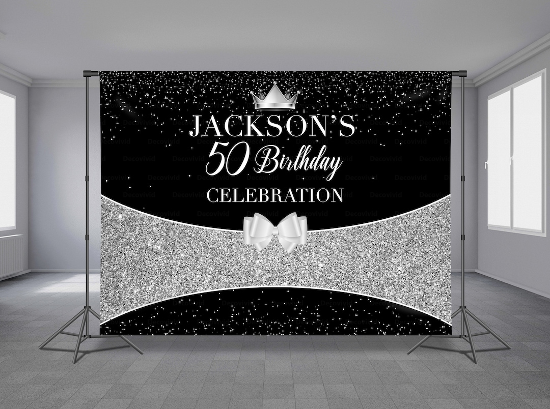 Black and Silver Birthday Backdrop, All Ages, Silver Glitter, Crown ...