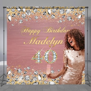 Pink 40th Birthday Photo Backdrop, Gold Glitter, Diamond Design, 20th ...