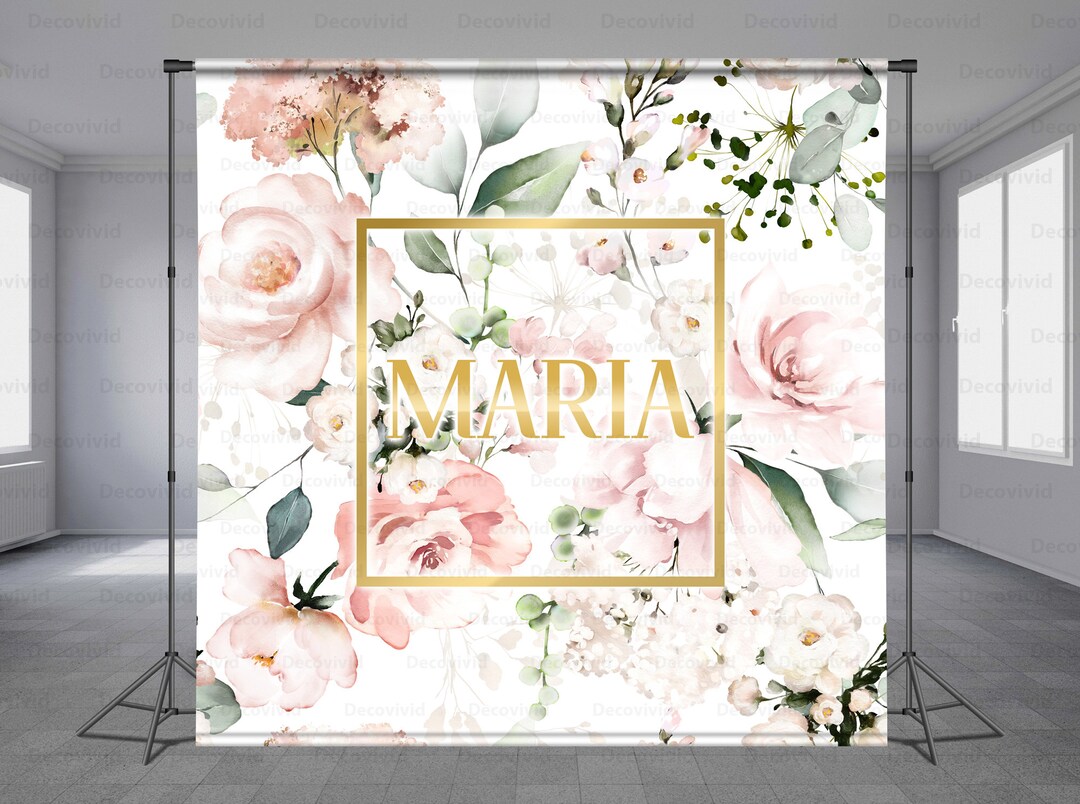 Pink Flowers Frame Backdrop, Golden Geometric, Watercolor Floral Theme ...