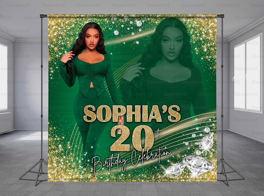 Emerald Green Photo Birthday Backdrop, All Age Design, Gold Glitter ...