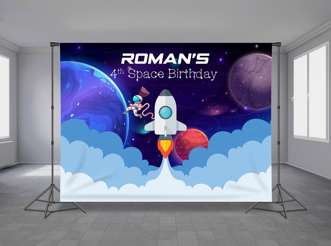 Space Rocket Lunch Birthday Backdrop, Editable, Astronaut Background ...