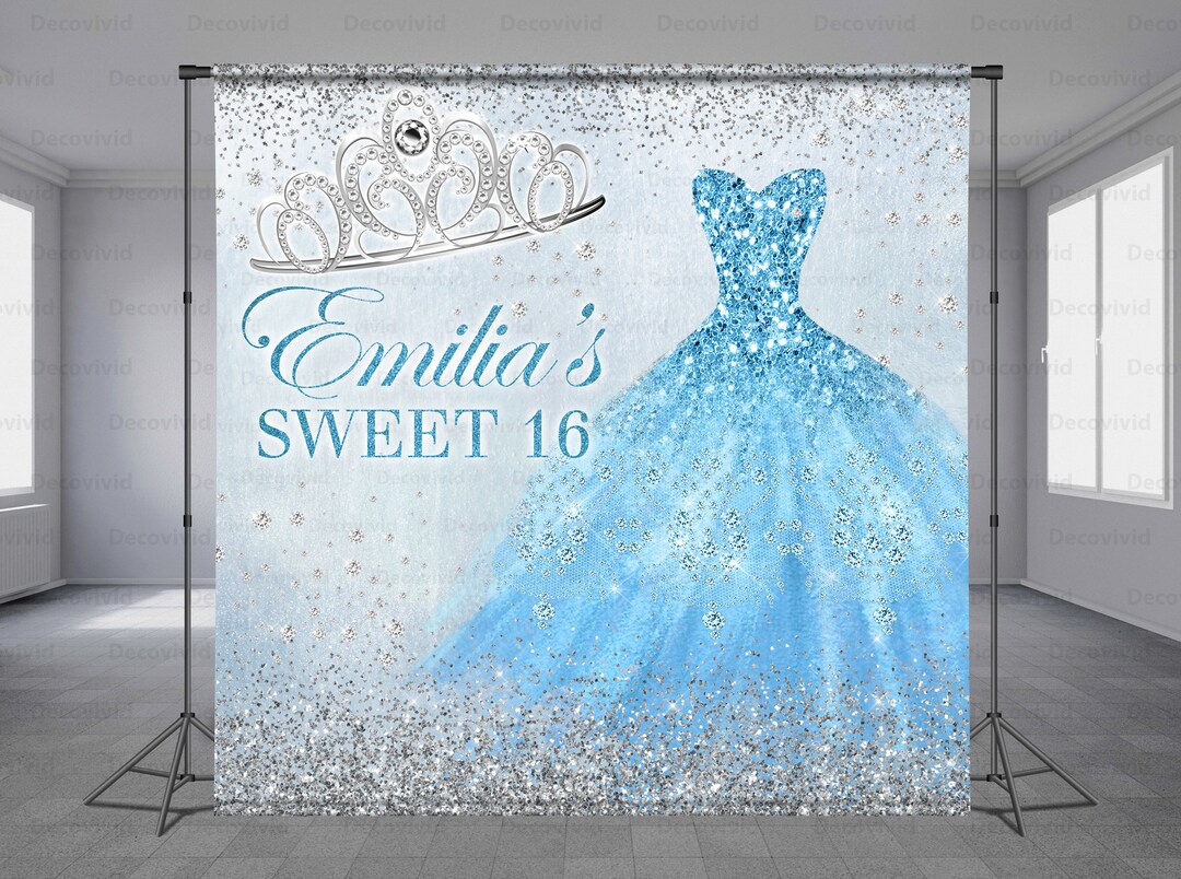 Sweet 16 Birthday Backdrop, Quinceañera Blue Dress Gown, Sequins Tulle ...