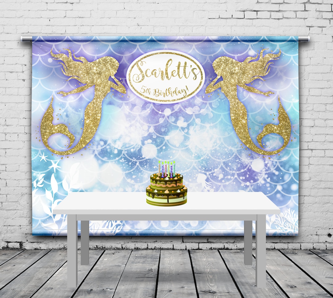 Gold Mermaid Birthday Backdrop, Ariel Personalized Banner, Little ...