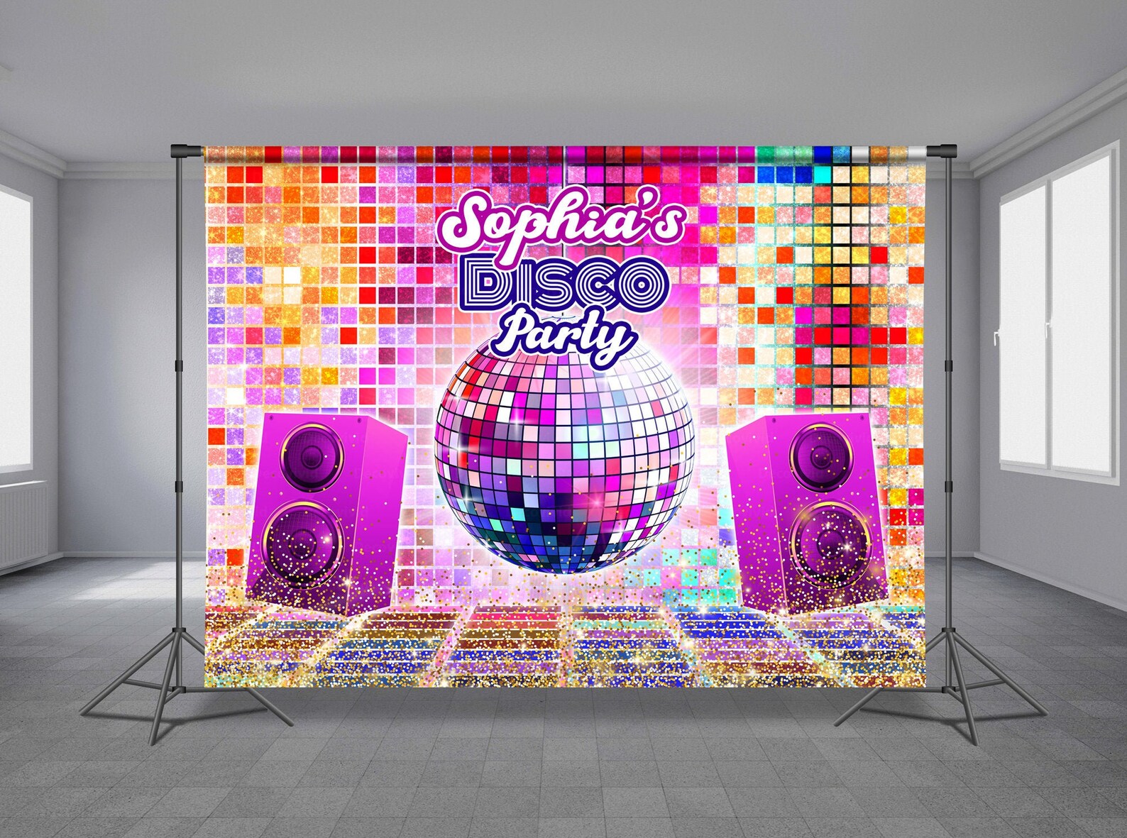 Pink 70's Disco Ball Birthday Backdrop, 70s Speaker, Boogie Theme ...