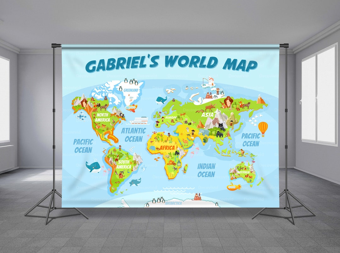 Kids World Map, Party Backdrop, Geographic Theme, School Background ...
