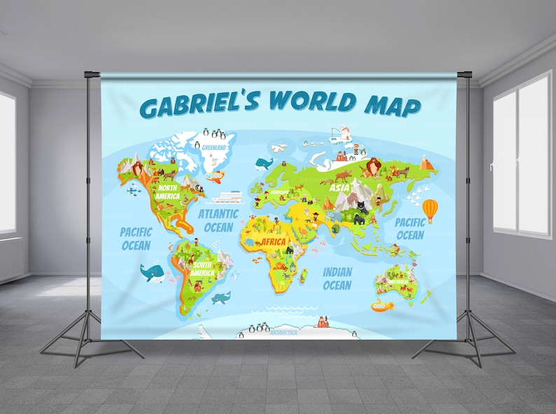 Kids World Map Party Backdrop Geographic Theme School | Etsy