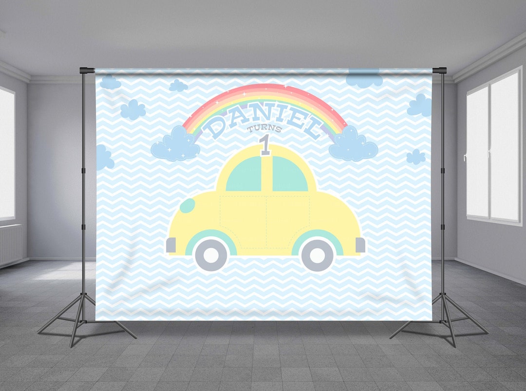 Pastel Kids Vehicle Birthday Backdrop, Funny Car, Clouds Rainbow, Blue ...