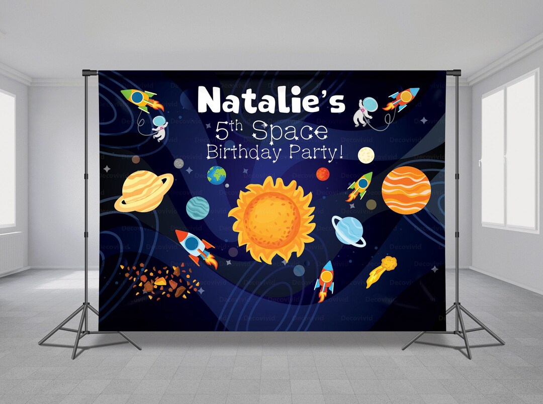 Solar System Birthday Backdrop, Sun, Rockets, Earth, Mars, Editable ...