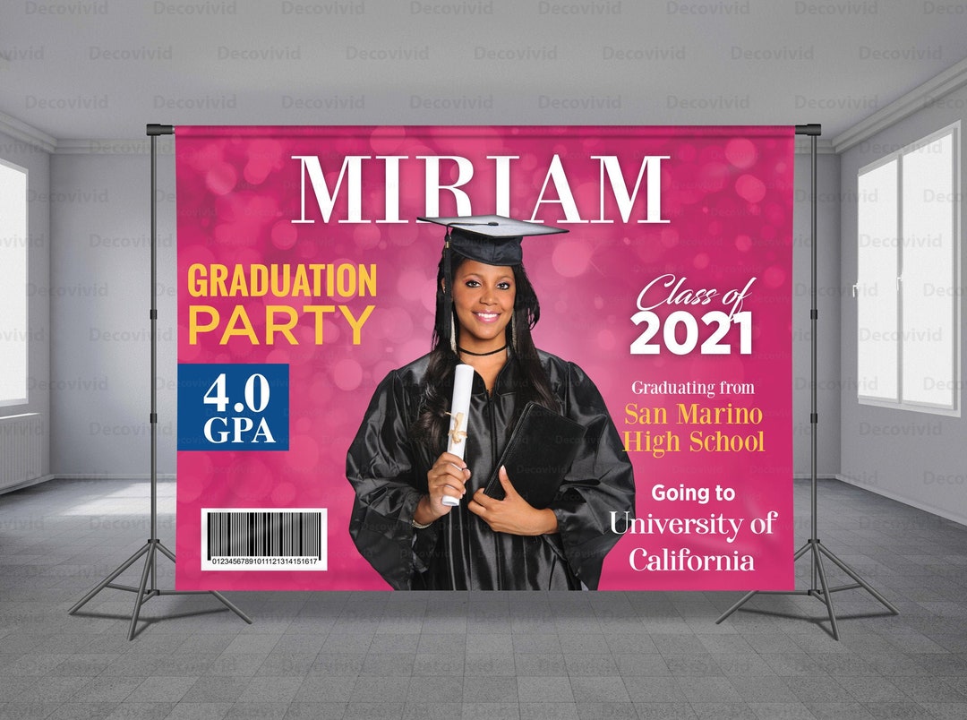 Graduation Magazine Cover Backdrop, Add Your Photo, Custom Design, Pink ...