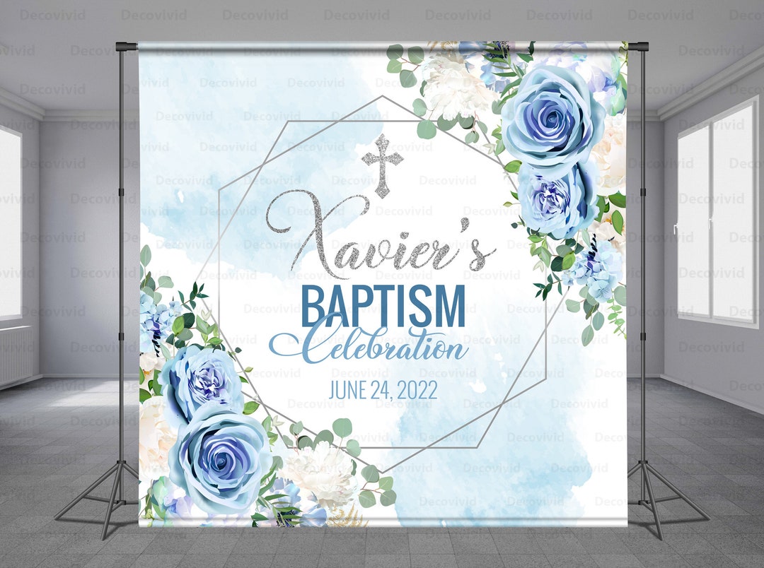 Blue Floral Baptism Backdrop, Christening Backdrop, Holy Baby Theme ...