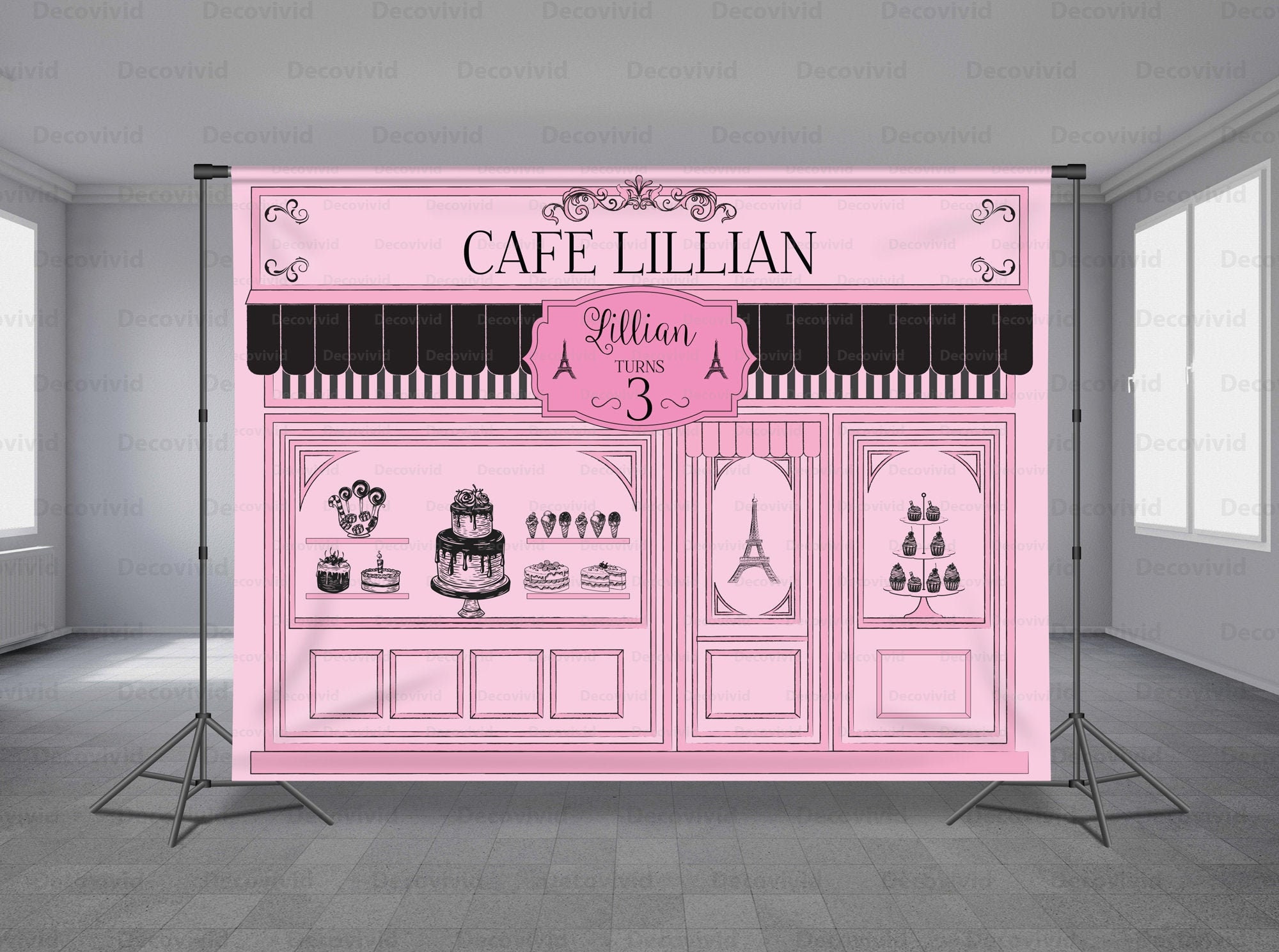 Pink Paris Cafe Backdrop, Eiffel Tower, Elegant Design, Birthday ...
