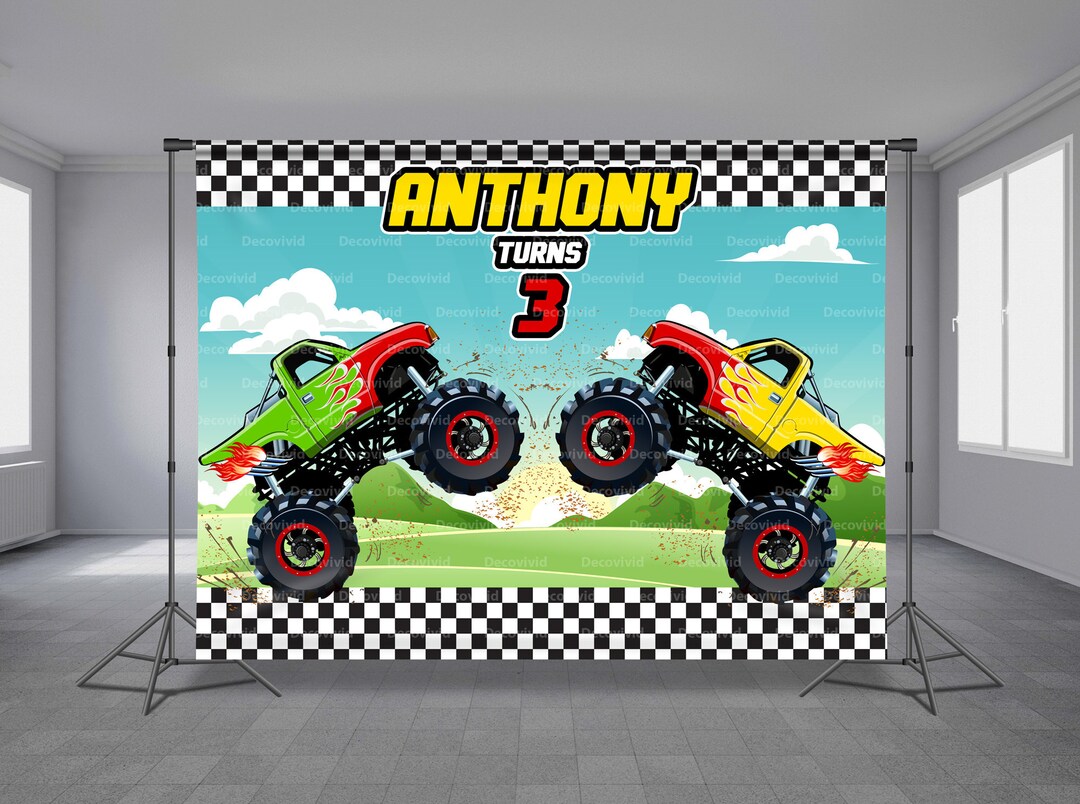 Monster Car Race Birthday Backdrop, Monster Truck, Huge Car, Big Dirt ...