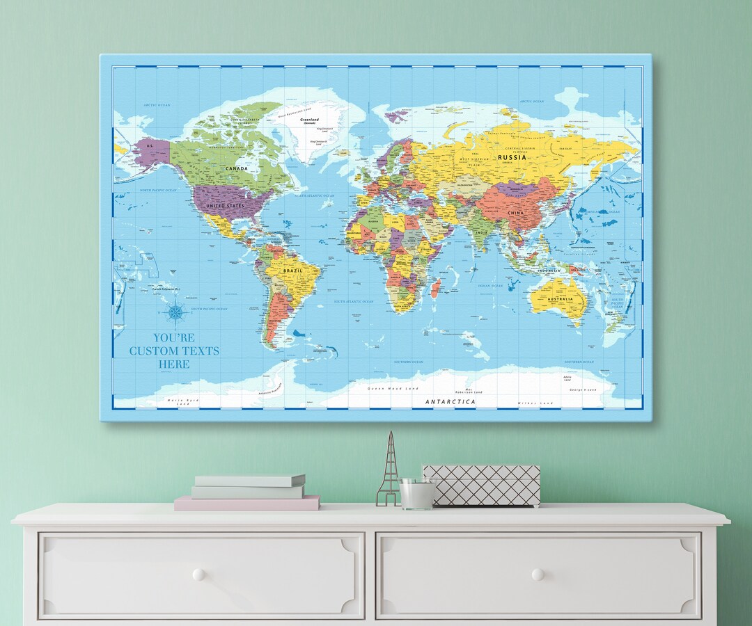 Color Worlds Map Canvas Print, Push Pin, Vintage Travel Map, Adventure ...