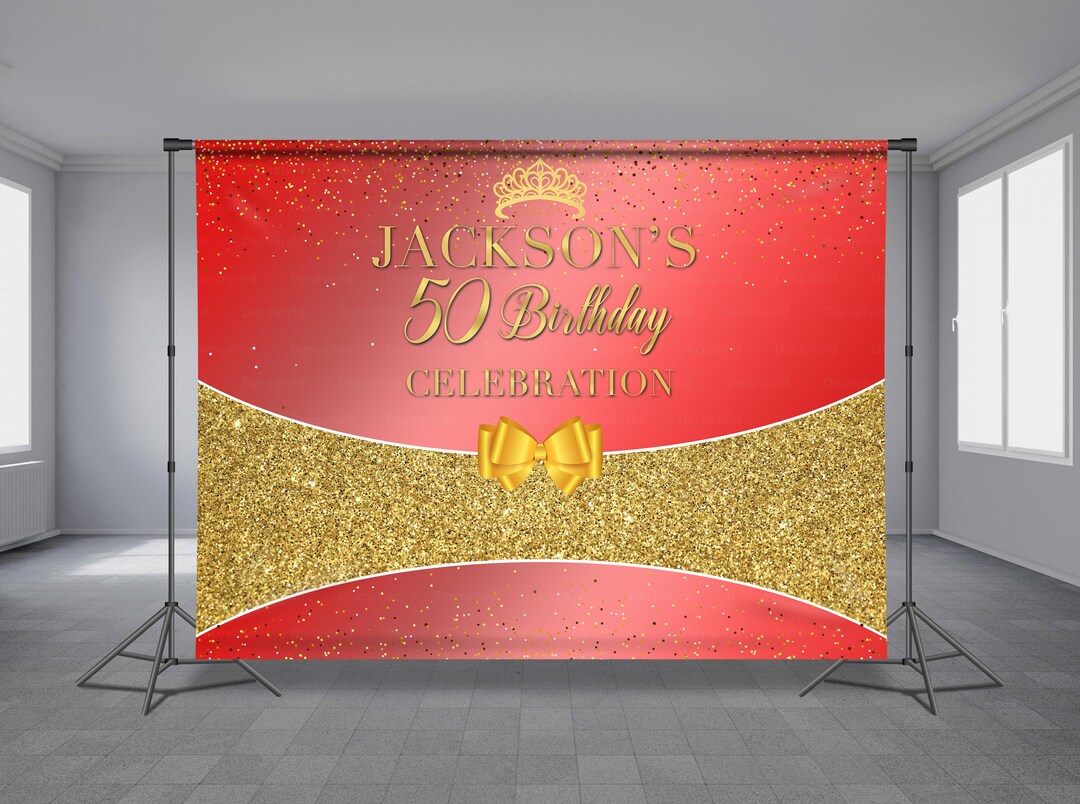 All Ages Birthday Backdrop, Red and Gold, Gold Glitter, Crown, Editable ...