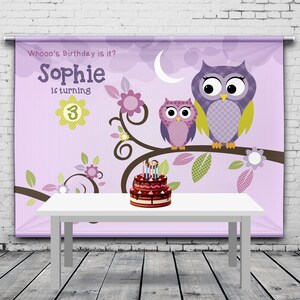 Owl Birthday Backdrop, Pink and Purple Cute Owl Birthday Party ...